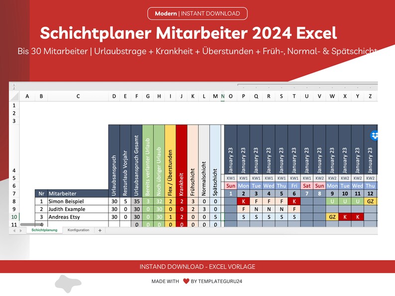 Shift Planner Excel Template for Employees 2024 Including Vacation Days ...
