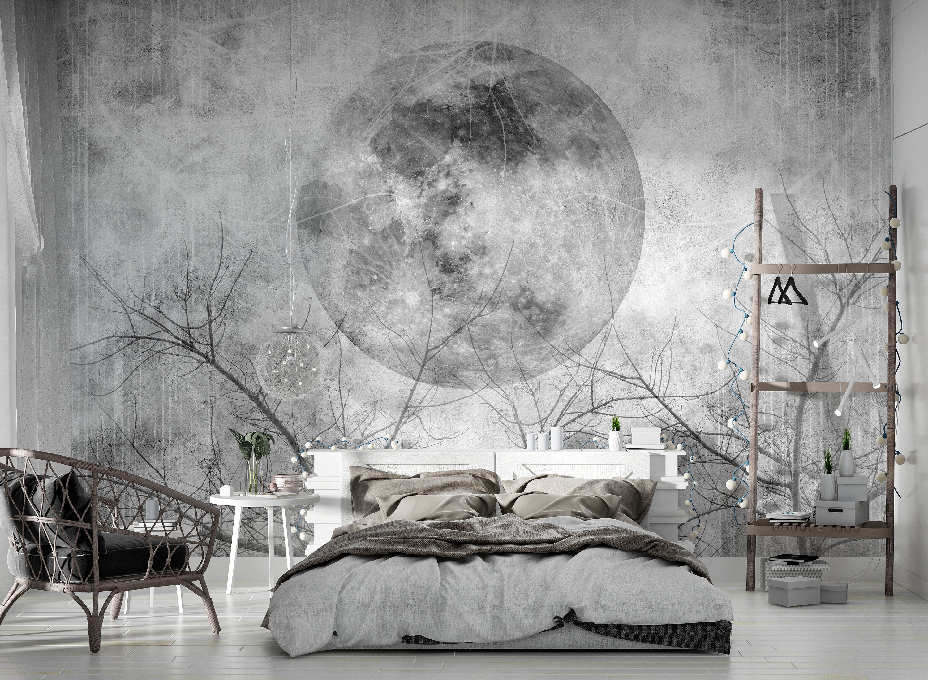 Moon WALLPAPER, Black and White MURAL. Sky Vinyl Wall Decor. Night ...
