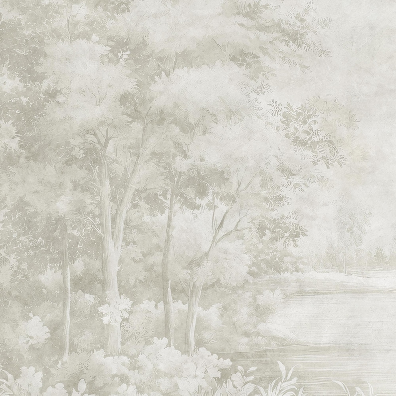 Light, Beige Landscape Wallpaper, Japandi Wall Mural With Trees ...