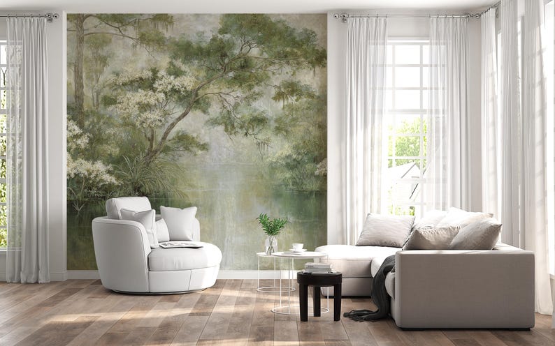 Misty Forest Lake Wallpaper Mural – Green Nature Wall Art, Calm ...