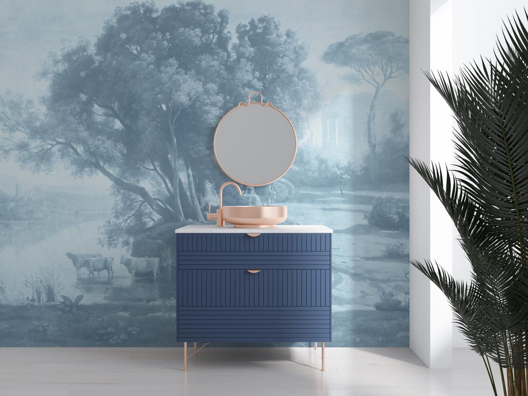 Vintage Blue Forest Mural - Scenic Tree Wallpaper - Etsy
