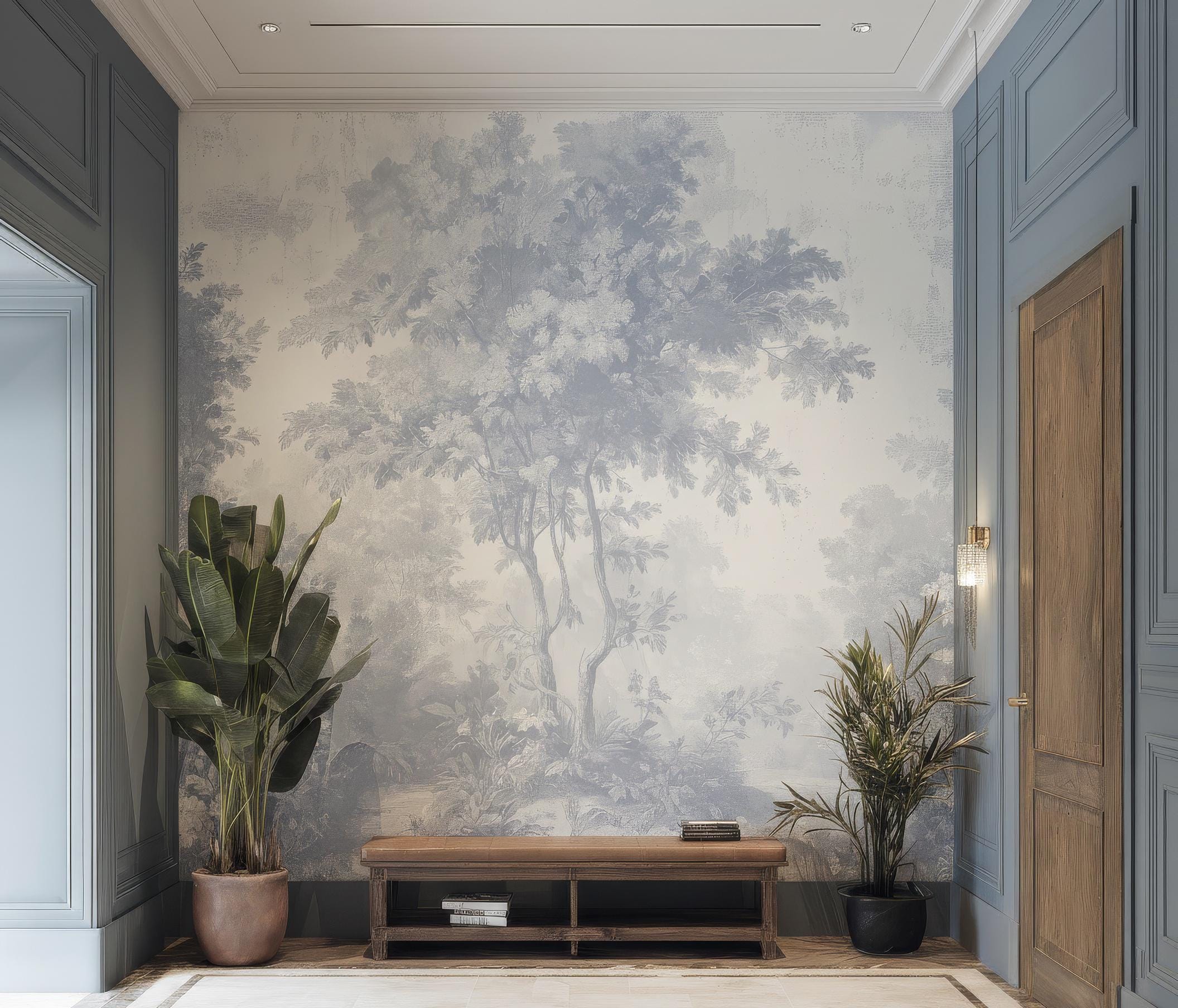 Misty Blue Grey Toile Wallpaper Mural – Soft Floral Woodland Landscape ...