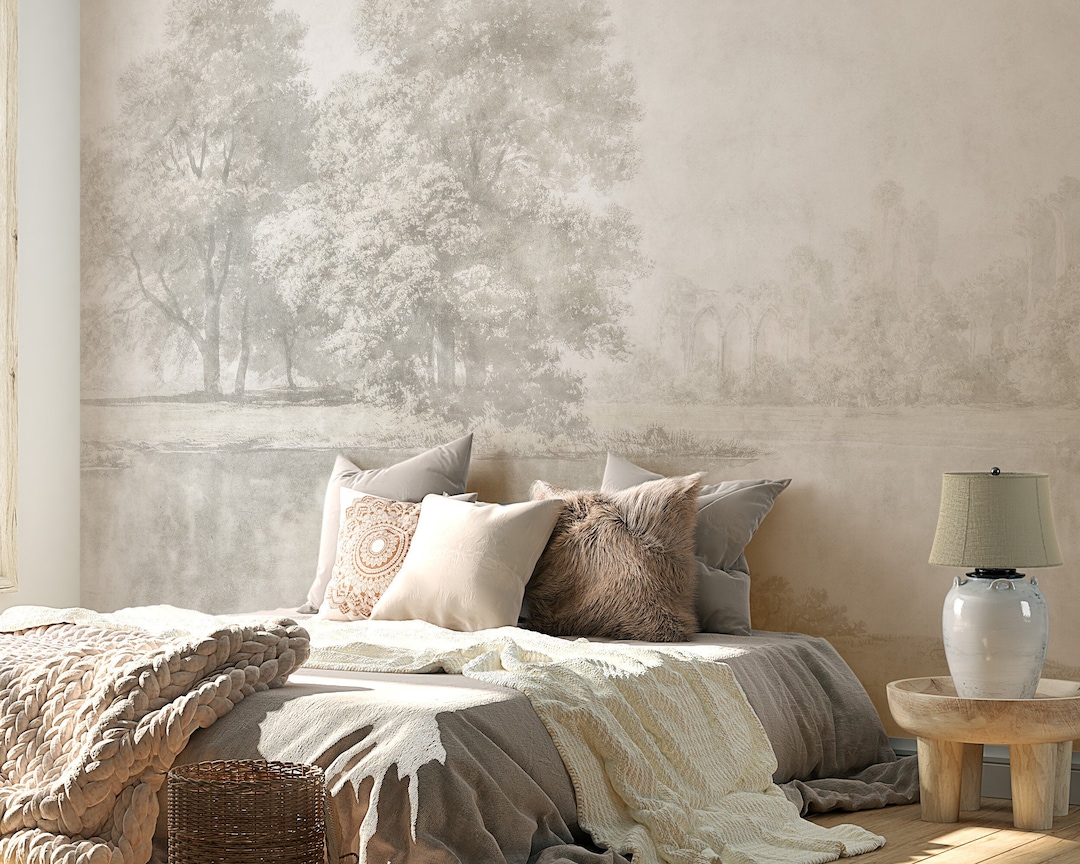 Subtle Wallpaper, Watercolor Landscape Wall MURAL. Painting, Trees ...