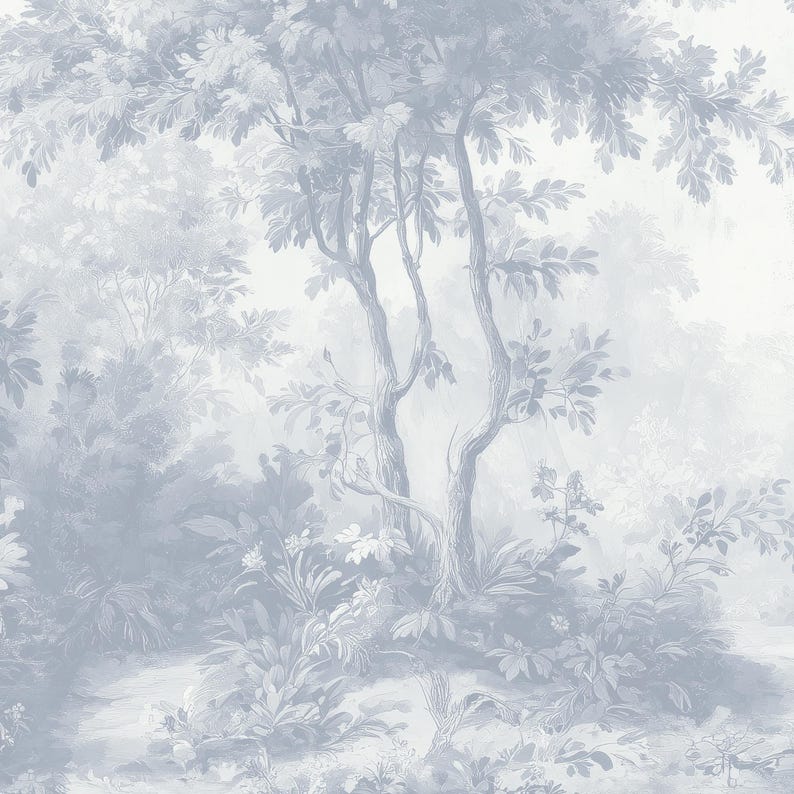 Misty Blue Grey Toile Wallpaper Mural – Soft Floral Woodland Landscape ...
