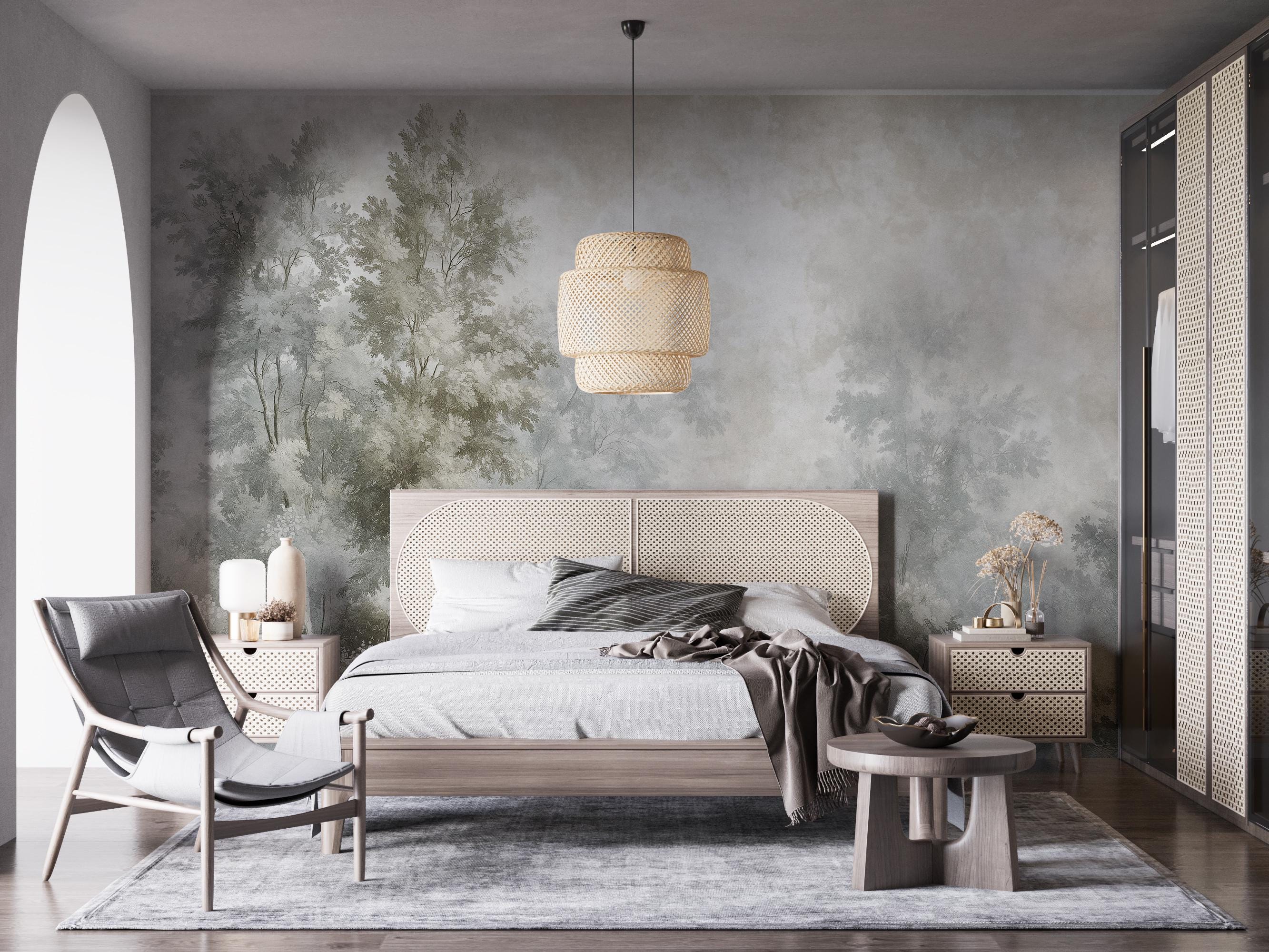 Cottagecore Landscape Wallpaper Mural: Soft Green Trees, Neutral ...