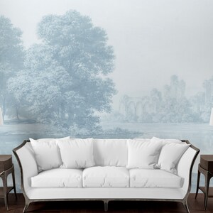 Subtle Light Blue Wallpaper, Watercolor Wall MURAL. Landscape With ...