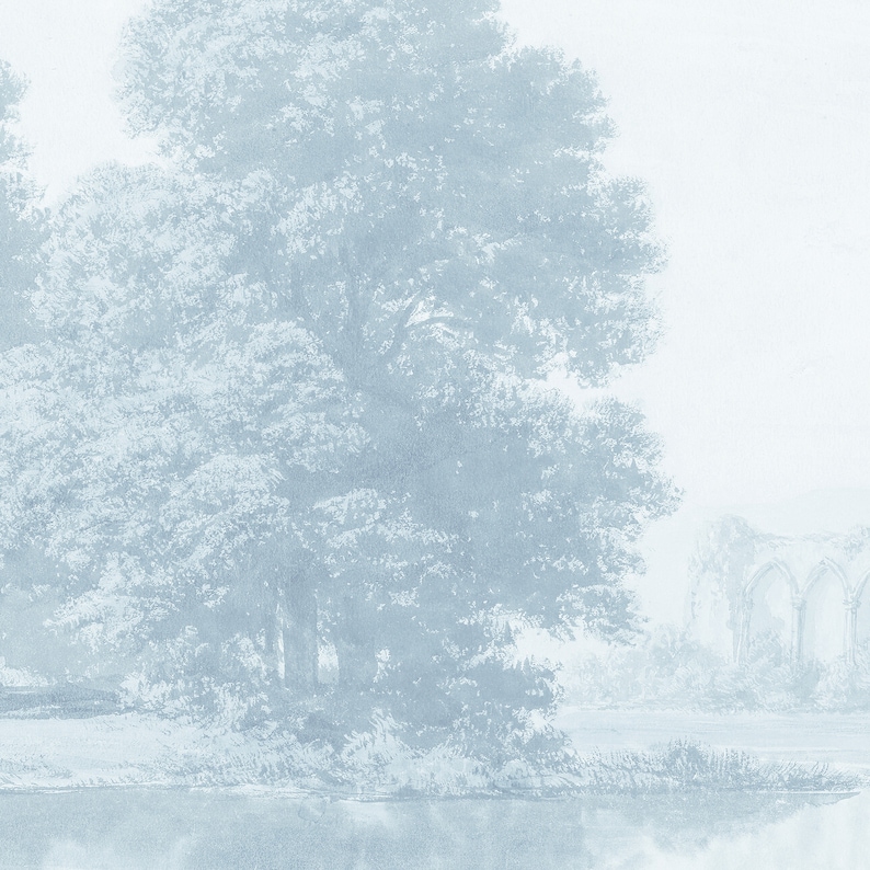 Subtle Light Blue Wallpaper, Watercolor Wall MURAL. Landscape With ...