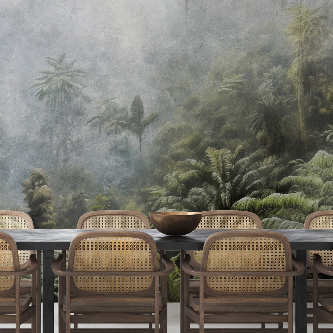 Misty Tropical Forest Wallpaper, Jungle Mural. Foggy Rainy Forest Wall ...