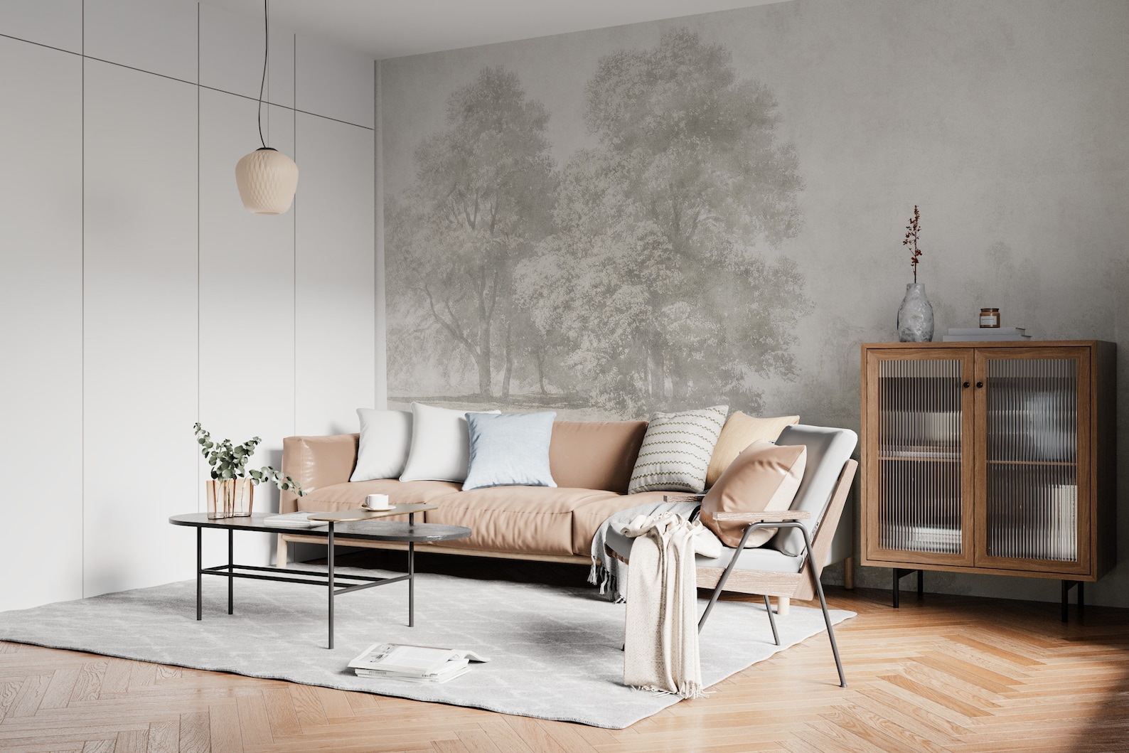 Subtle Wallpaper, Watercolor Landscape Wall MURAL. Painting, Trees ...