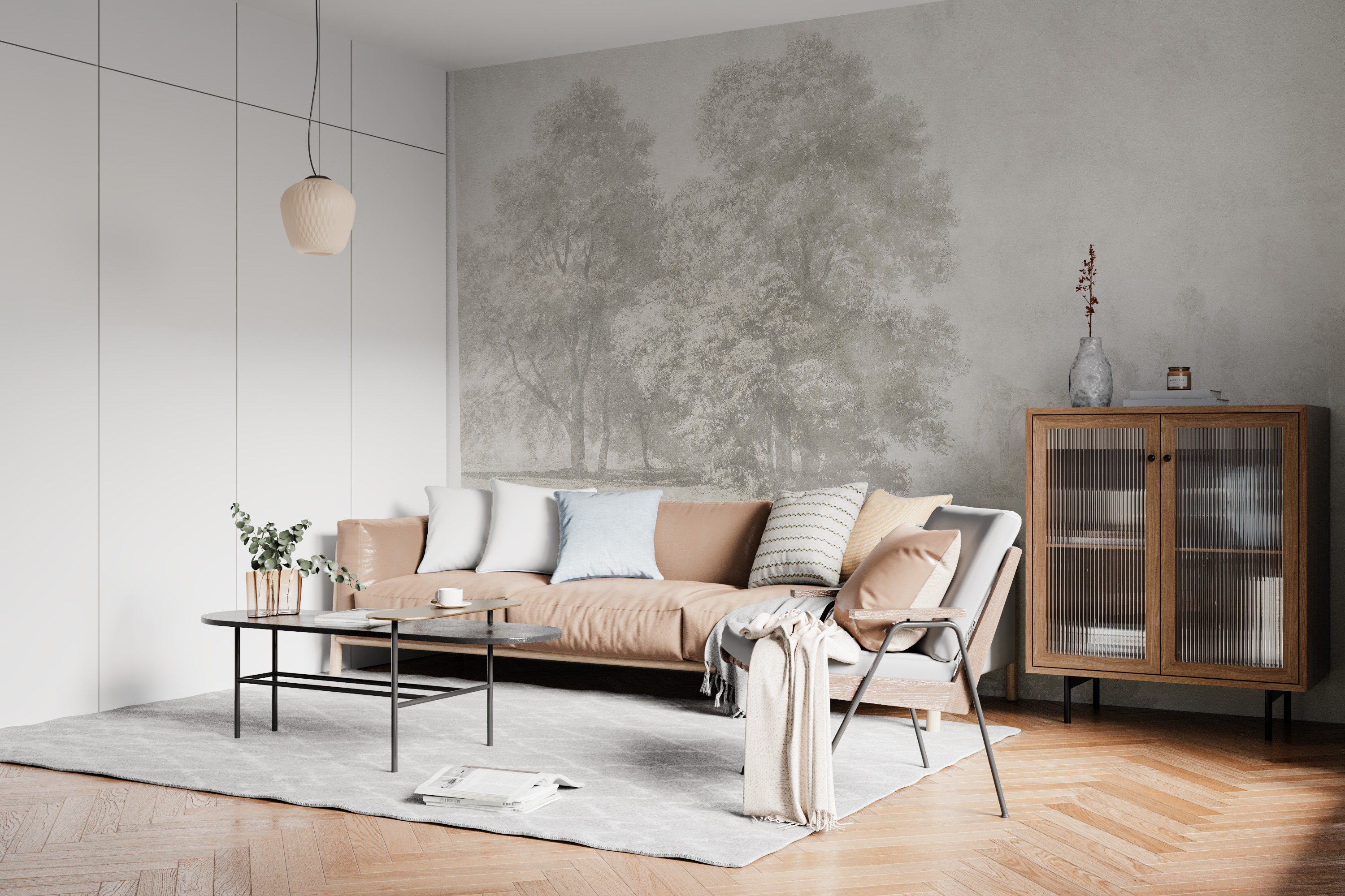 Subtle Wallpaper, Watercolor Landscape Wall MURAL. Painting, Trees ...