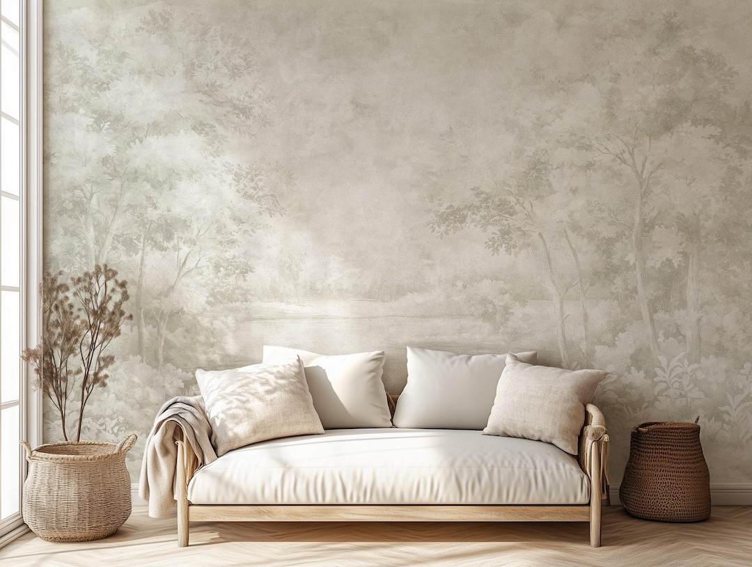 Light, Beige Landscape Wallpaper, Japandi Wall Mural With Trees ...