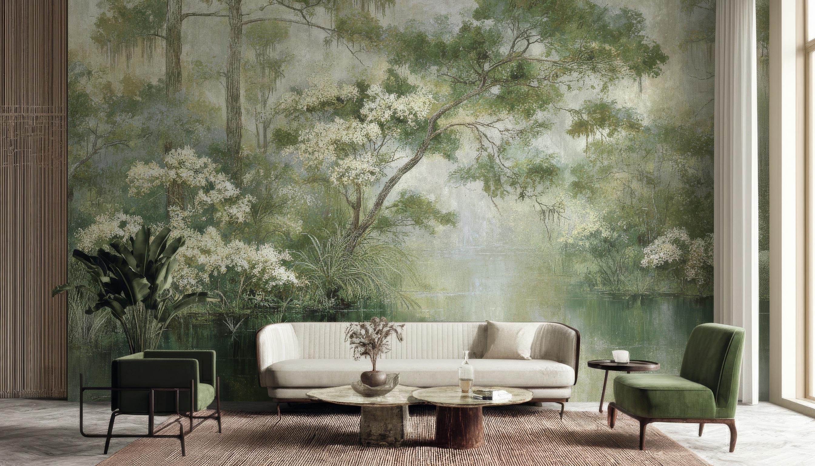 Misty Forest Lake Wallpaper Mural – Green Nature Wall Art, Calm ...
