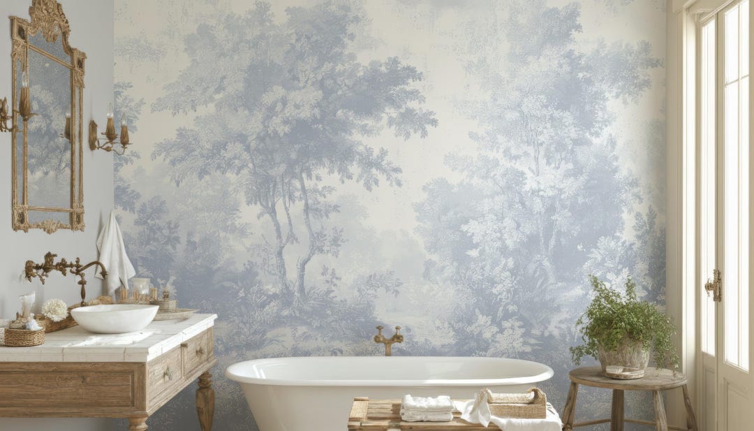 Misty Blue Grey Toile Wallpaper Mural – Soft Floral Woodland Landscape ...