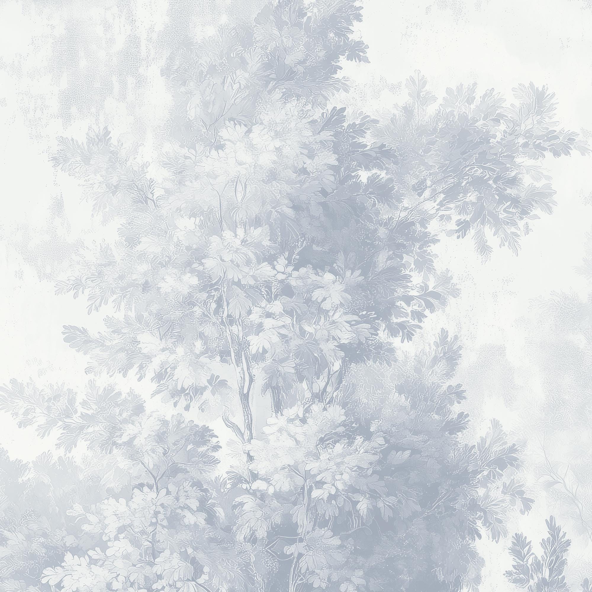 Misty Blue Grey Toile Wallpaper Mural – Soft Floral Woodland Landscape ...