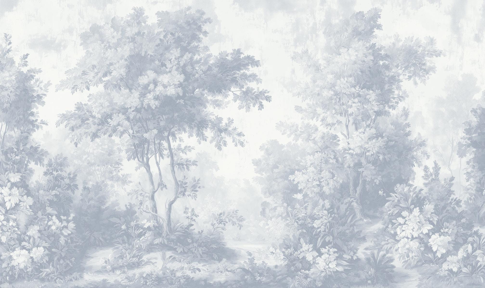 Misty Blue Grey Toile Wallpaper Mural – Soft Floral Woodland Landscape ...