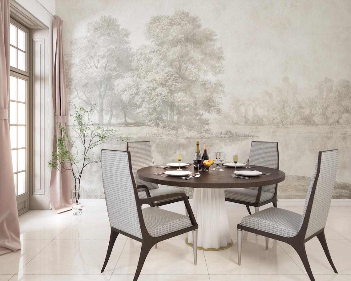 Subtle Wallpaper, Watercolor Landscape Wall MURAL. Painting, Trees ...