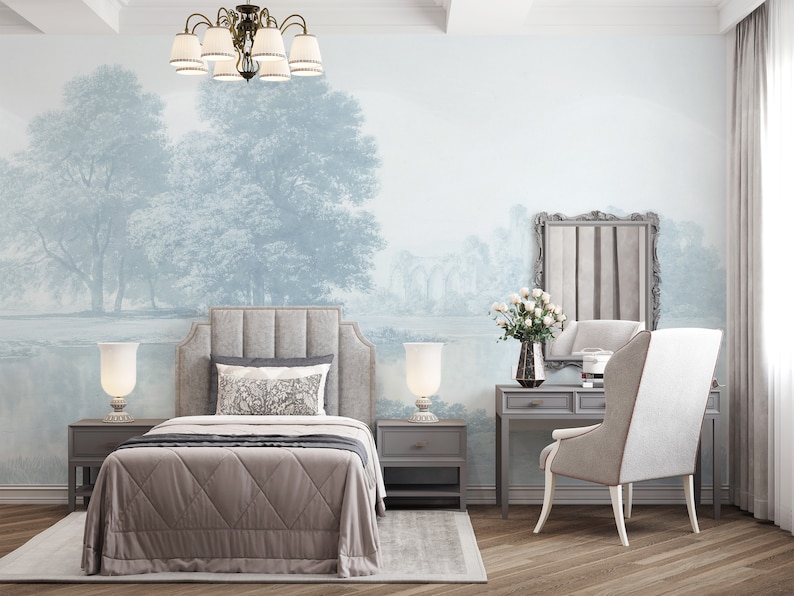 Subtle Light Blue Wallpaper, Watercolor Wall MURAL. Landscape With ...