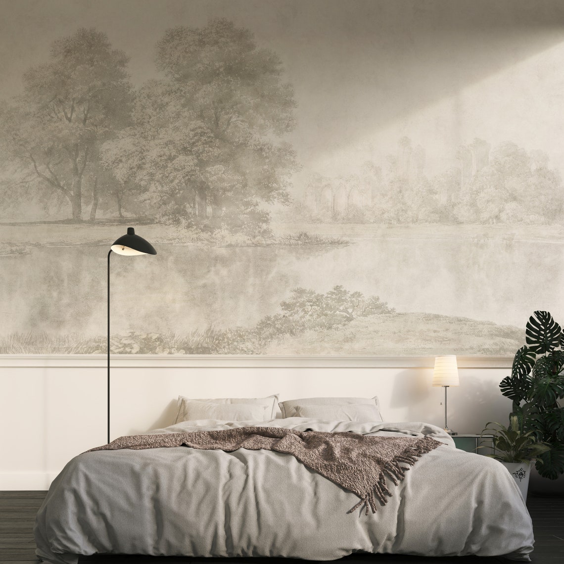 Subtle Wallpaper, Watercolor Landscape Wall MURAL. Painting, Trees ...
