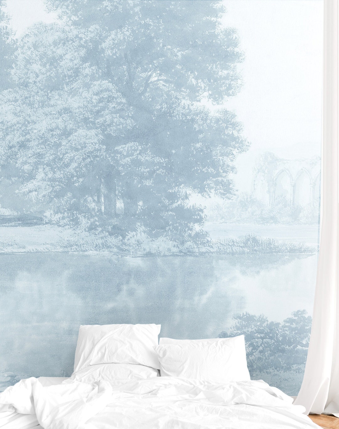 Subtle Light Blue Wallpaper, Watercolor Wall MURAL. Landscape With ...