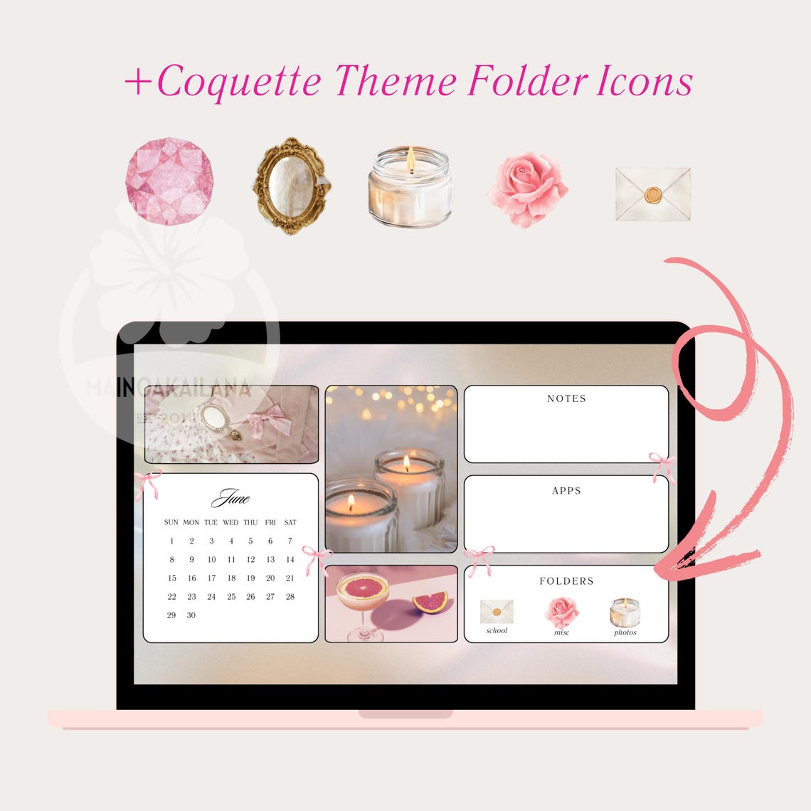Pink Coquette Aesthetic Bow Desktop Wallpaper Organizers for Mac or PC ...
