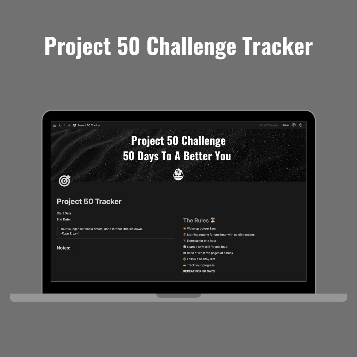 Project 50 Challenge Digital Tracker Notion Template Fitness ...