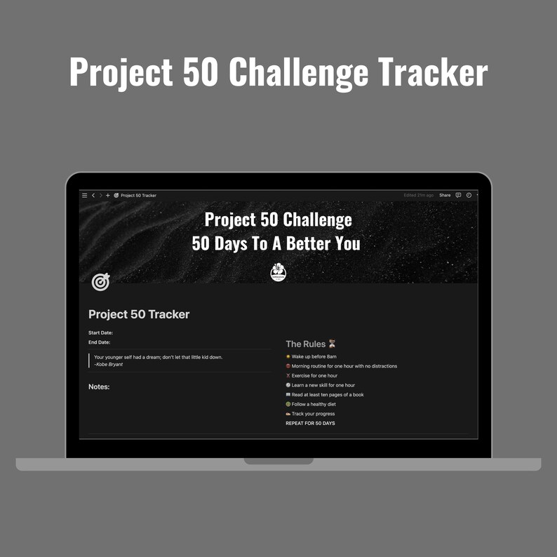 Project 50 Challenge Digital Tracker Notion Template | Fitness ...