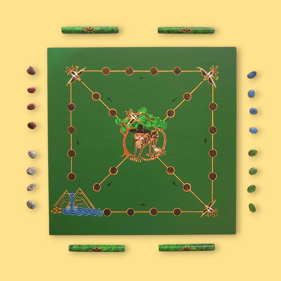 Handcrafted Large Yut Nori Game Set: Korean Magpie and Tiger Wood Board ...