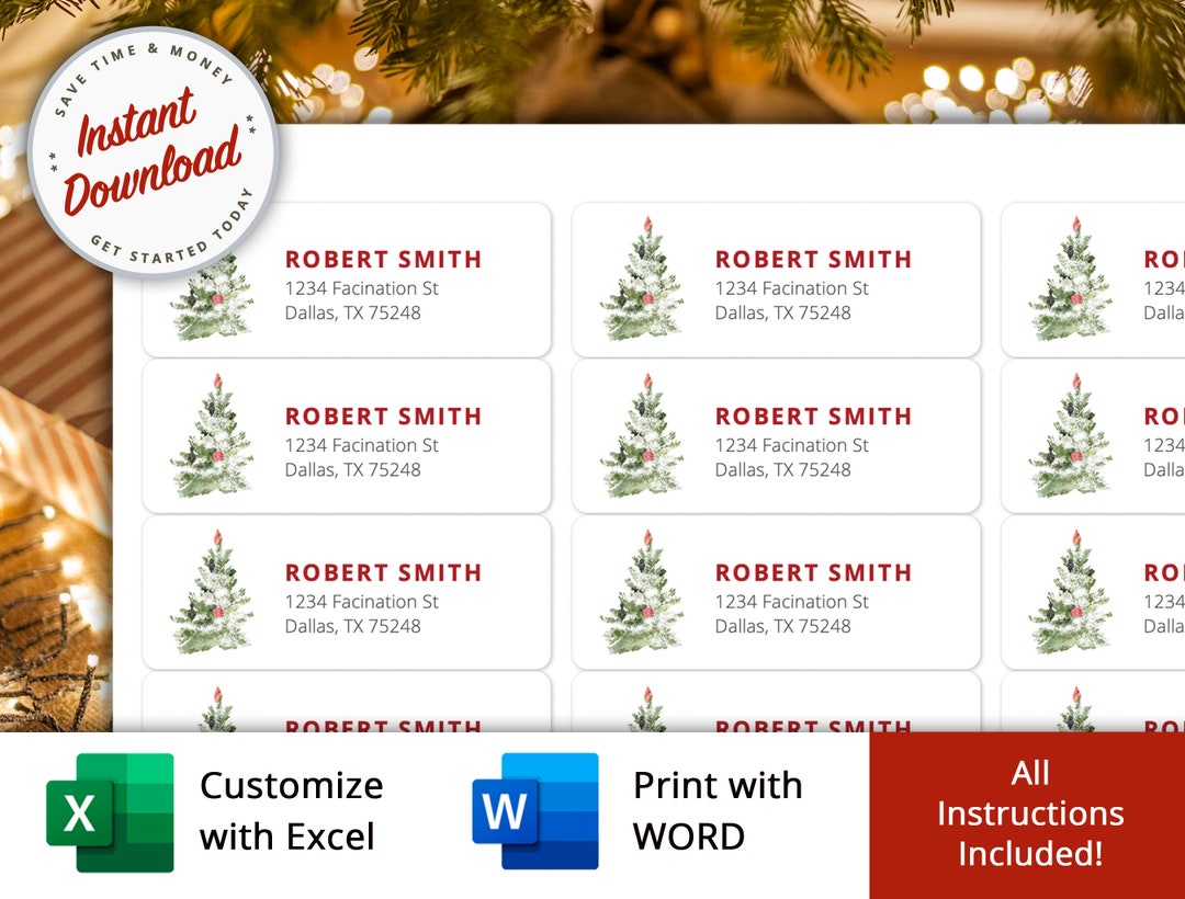 Printable Christmas Return Address Labels, Mail Merge Template (2 5/8 ...