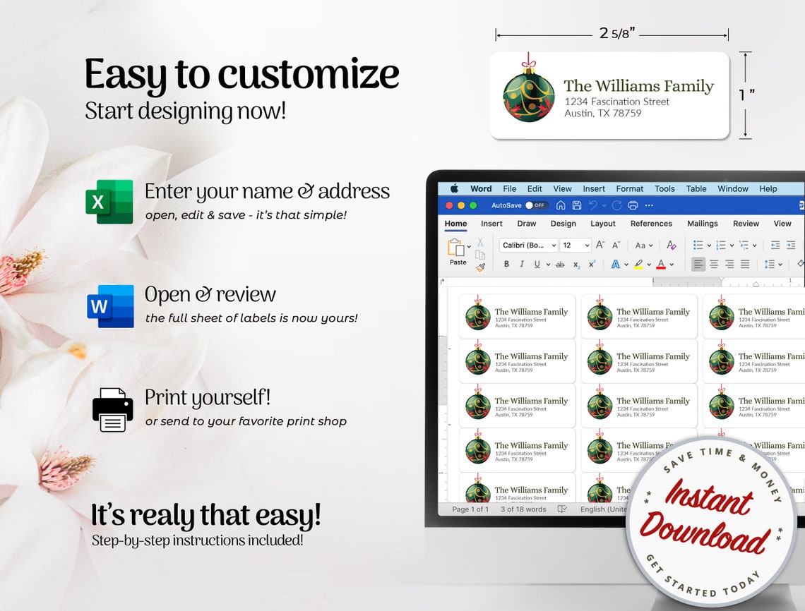 Printable Christmas Return Address Labels Template (excel & Word) - Etsy