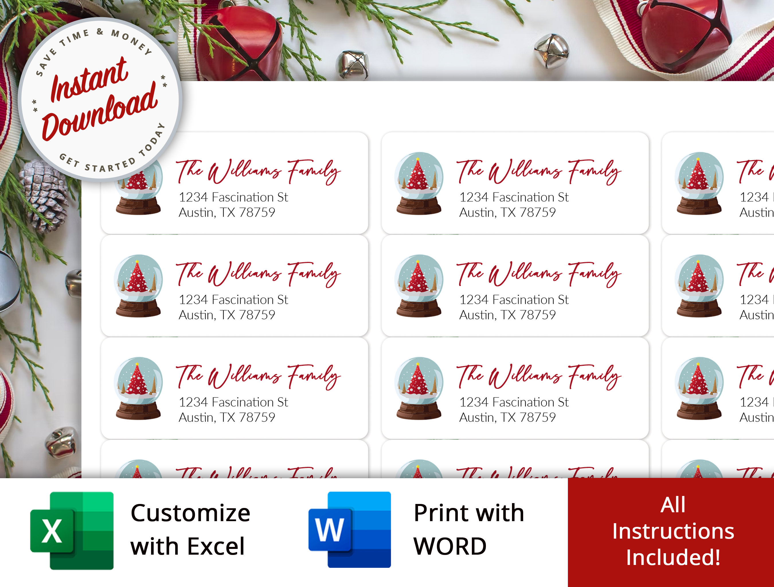 Printable Christmas Return Address Labels, Excel Template (digital ...