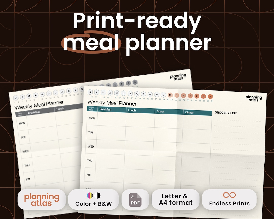 Printable Weekly Meal Planner, Undated, Horizontal, Menu List, Grocery ...
