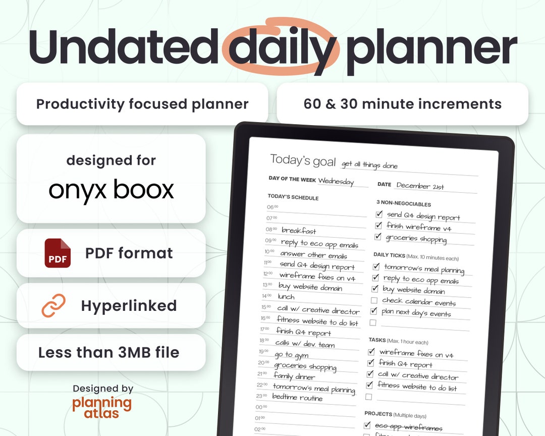 Onyx Boox Daily Productivity Journal, Undated, Vertical Layout, Hourly ...
