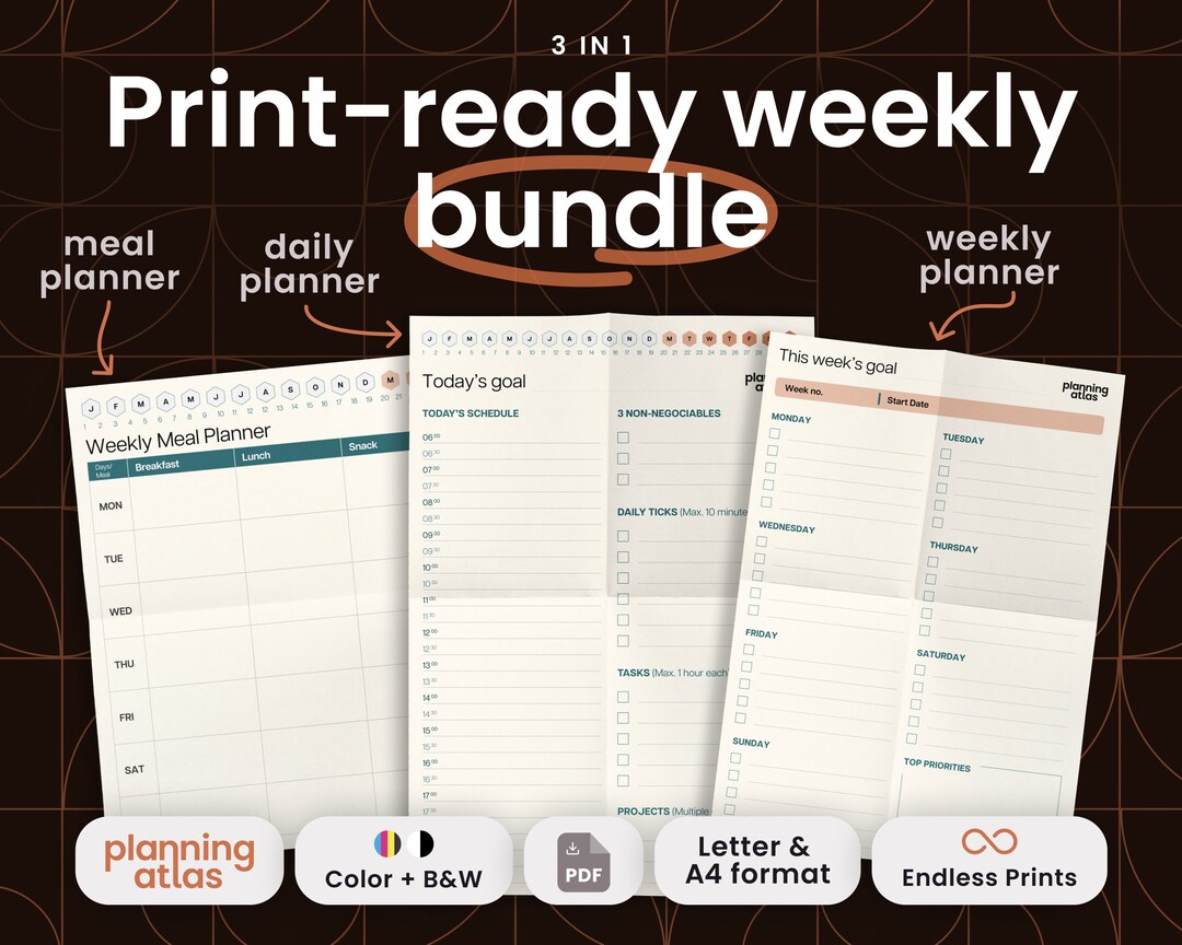 Printable Weekly Productivity Bundle, Weekly Planner, Meal Planner, A4 ...