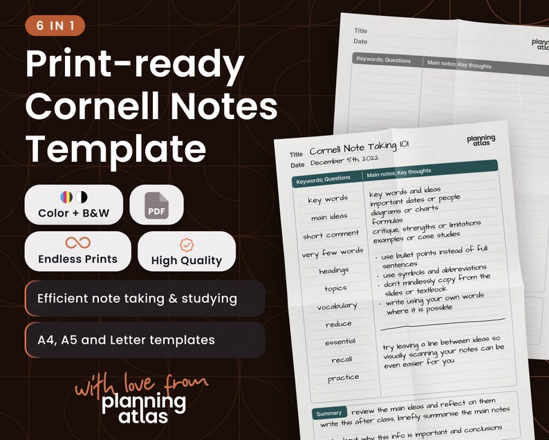 Printable Cornell Notes | A4, A5 & Letter Format | Black and White, and ...