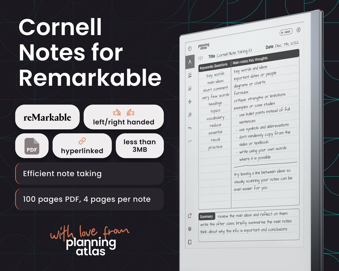 Remarkable Cornell Notes Notebook, PDF Format, Hyperlinked, Left Hand ...