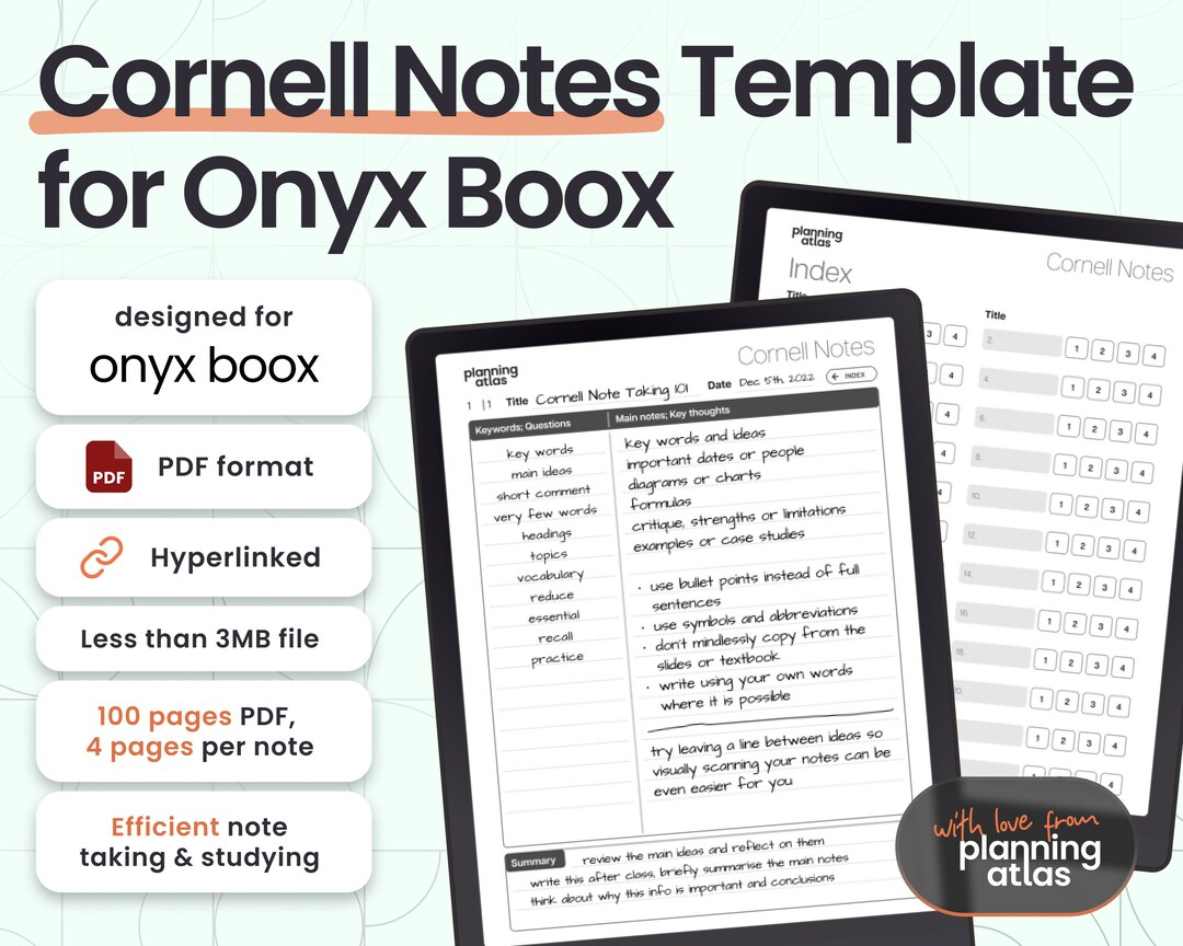 Onyx Boox Cornell Notes Notebook, PDF Format, Hyperlinked, Left Hand ...