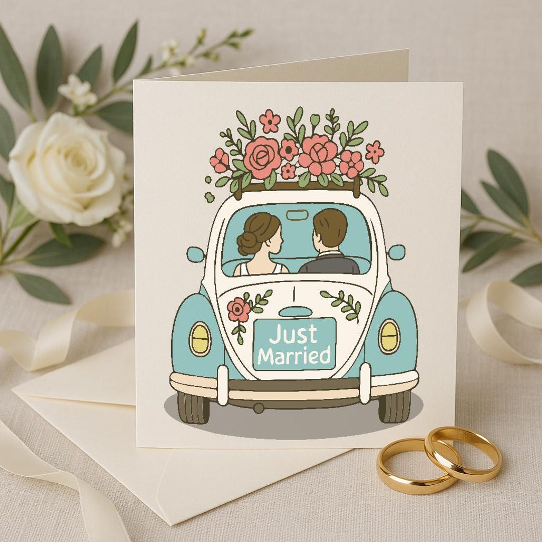 Just Married Poster – Retro Car Newlyweds Illustration, Wedding Gift ...