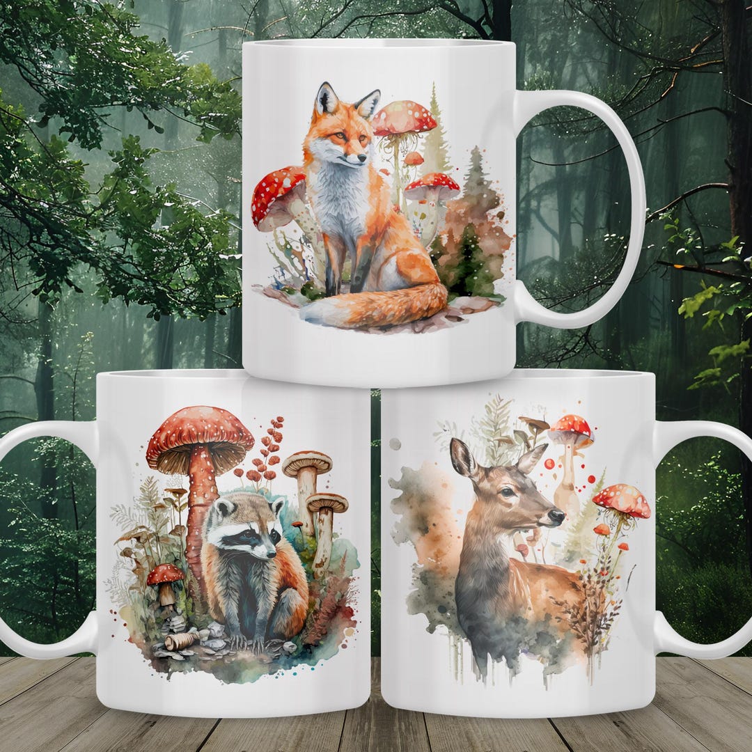 A Beautiful Set of Cups With a Forest Motif, Camping Gifts, Forest ...
