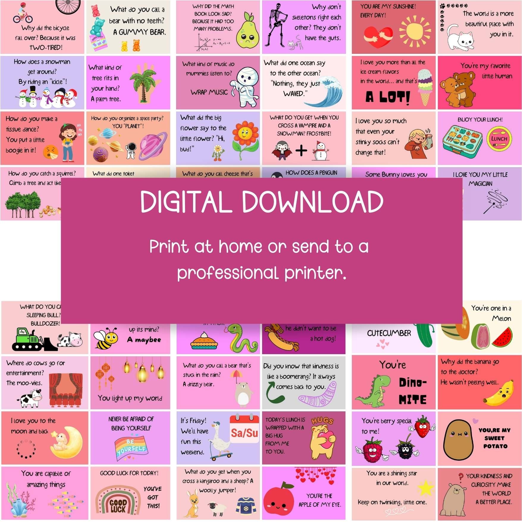 Lunch Box Notes Printable Pink, Kids Lunchbox Jokes, Lunchbox Cards ...
