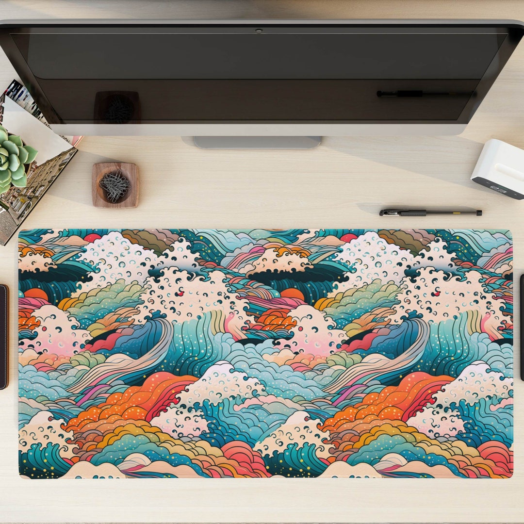 Japanese Wave Deskmat, Colorful Ocean Desk Mat, Seamless Pattern Mouse ...