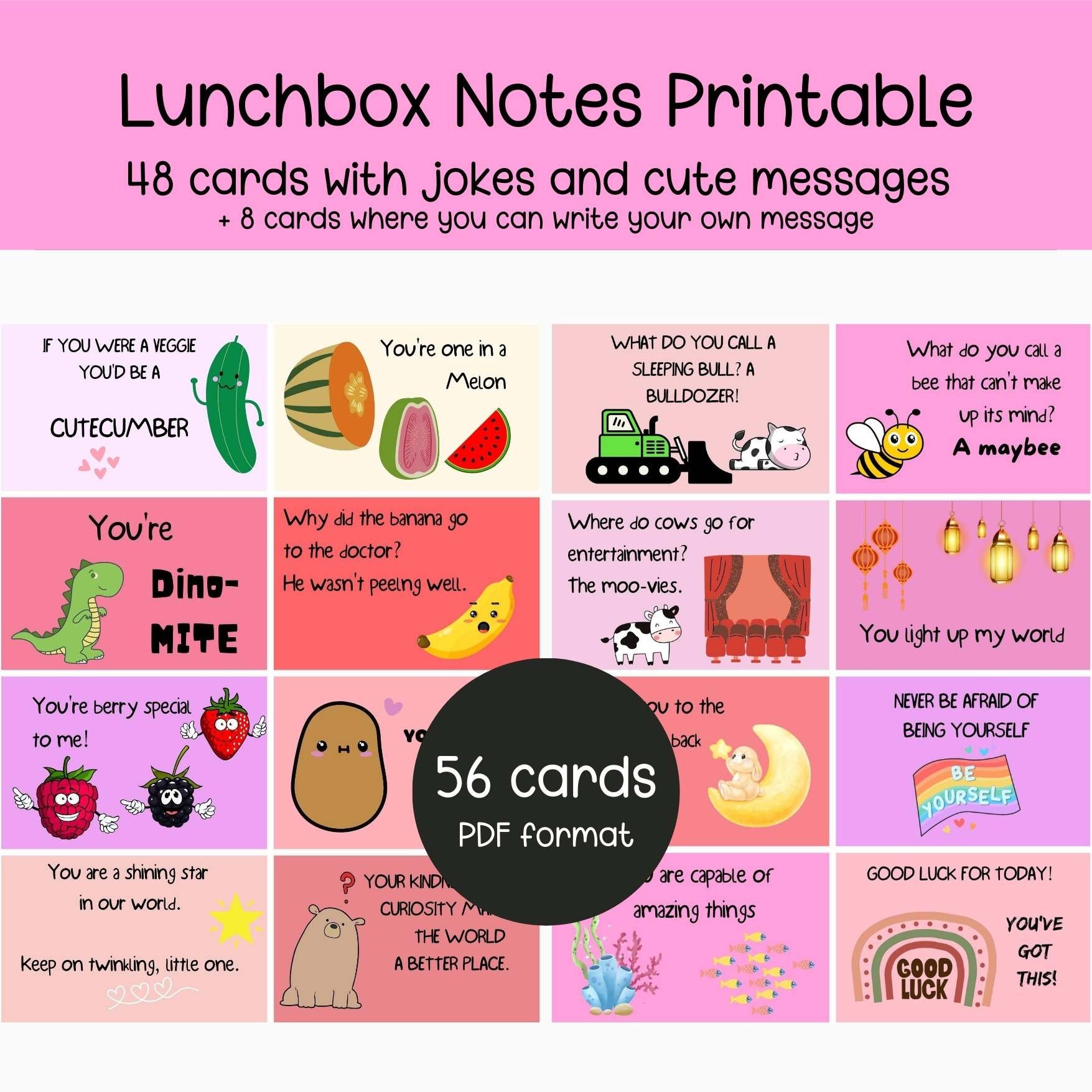 Lunch Box Notes Printable Pink, Kids Lunchbox Jokes, Lunchbox Cards ...