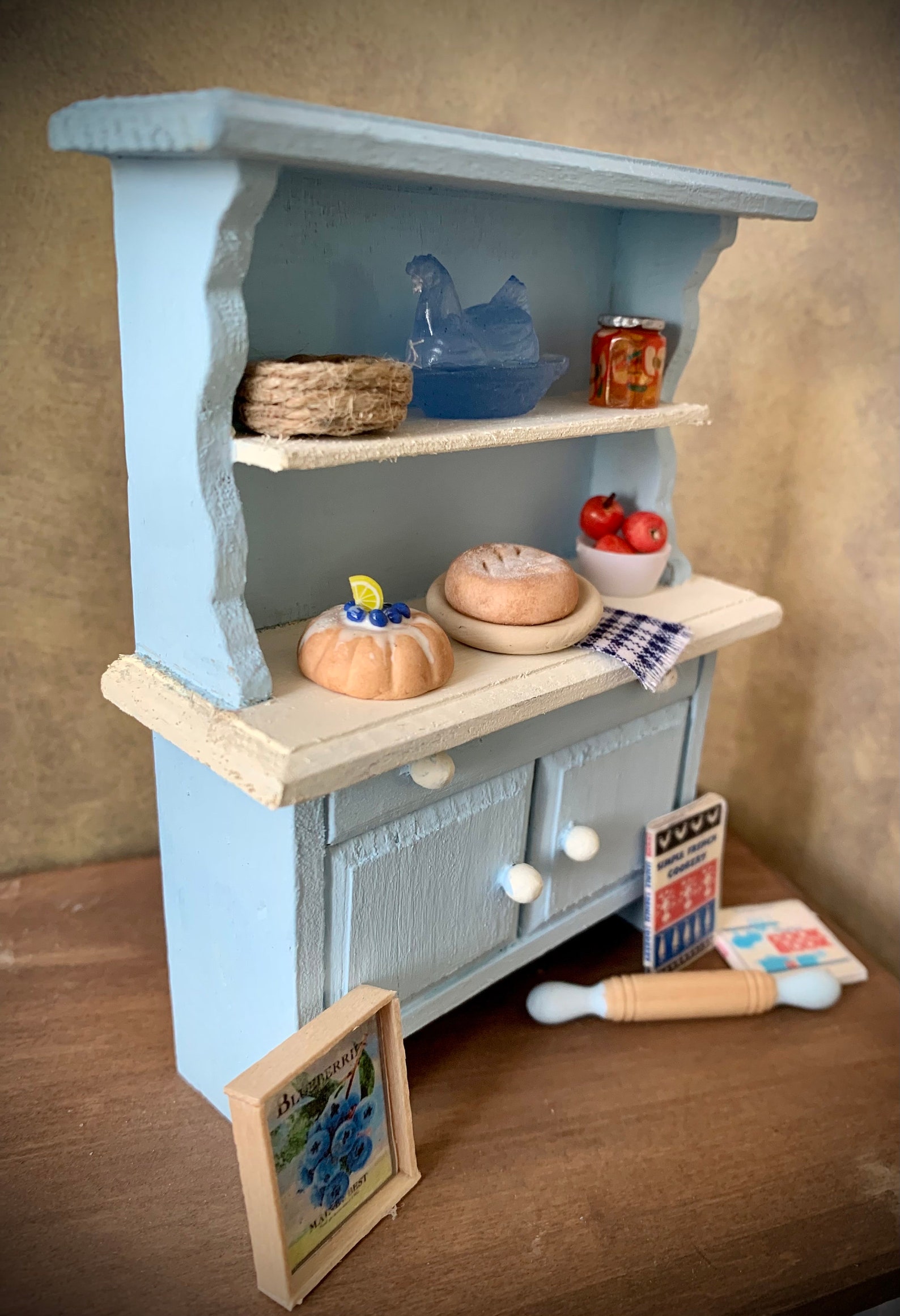 Miniature Country Blue Kitchen Hutch Cabinet Set Farmhouse Dollhouse ...