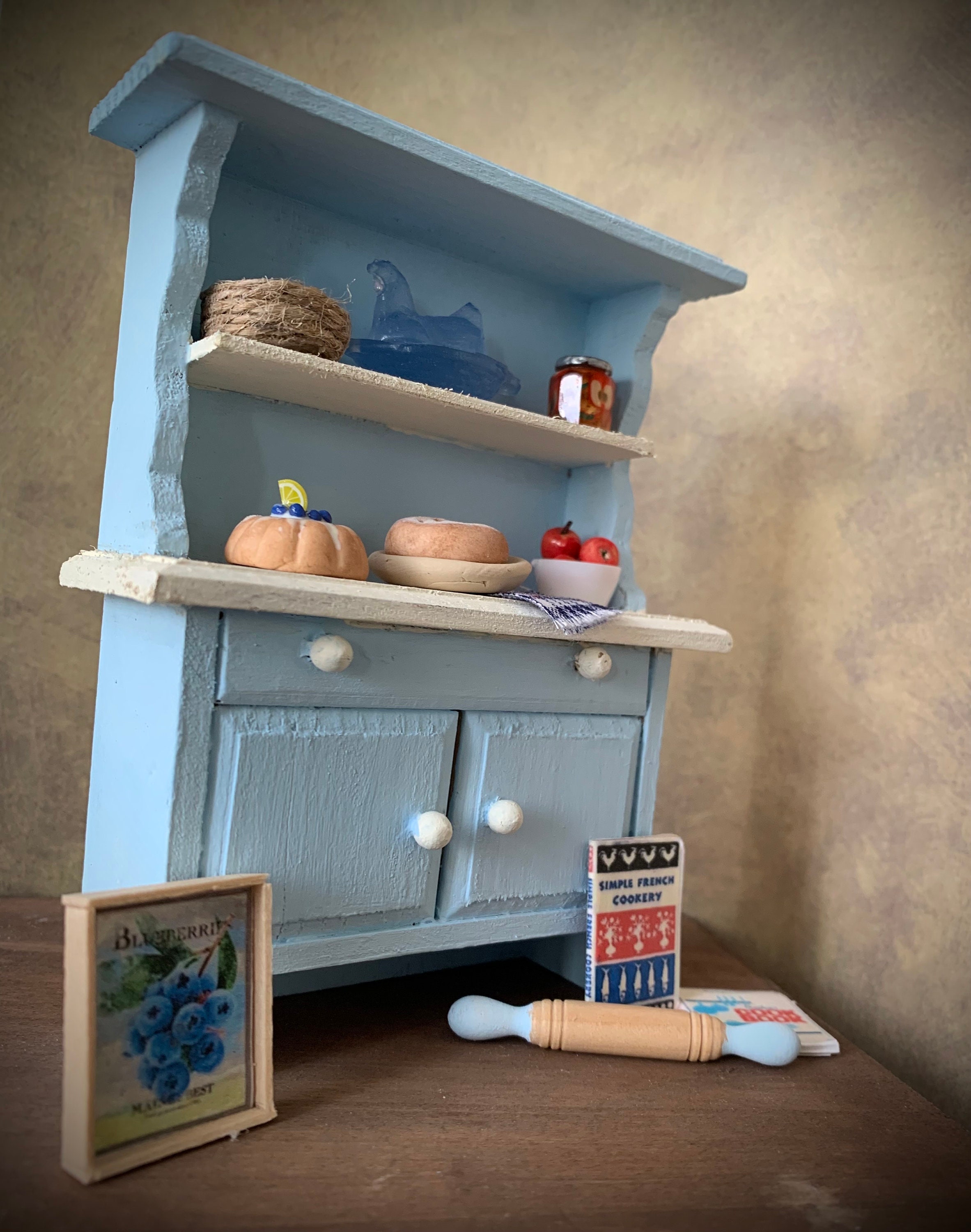 Miniature Country Blue Kitchen Hutch Cabinet Set Farmhouse Dollhouse ...