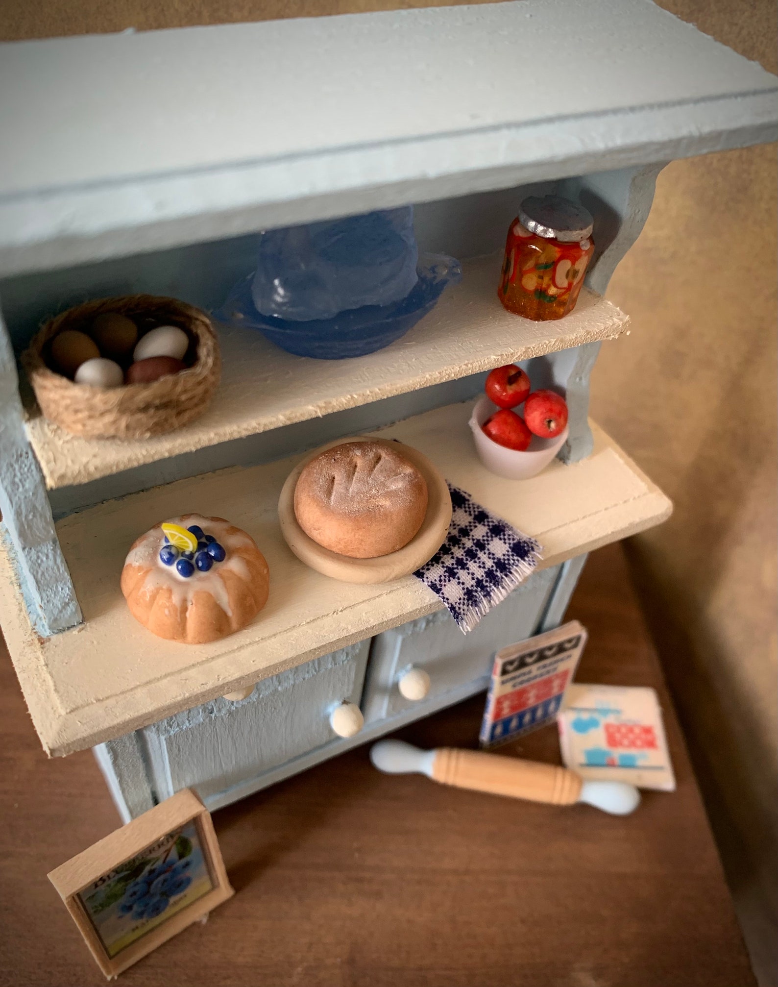 Miniature Country Blue Kitchen Hutch Cabinet Set Farmhouse Dollhouse ...