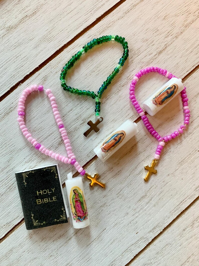 Miniature Set of Religious Articles Rosary Virgin Mary Candle and Bible ...