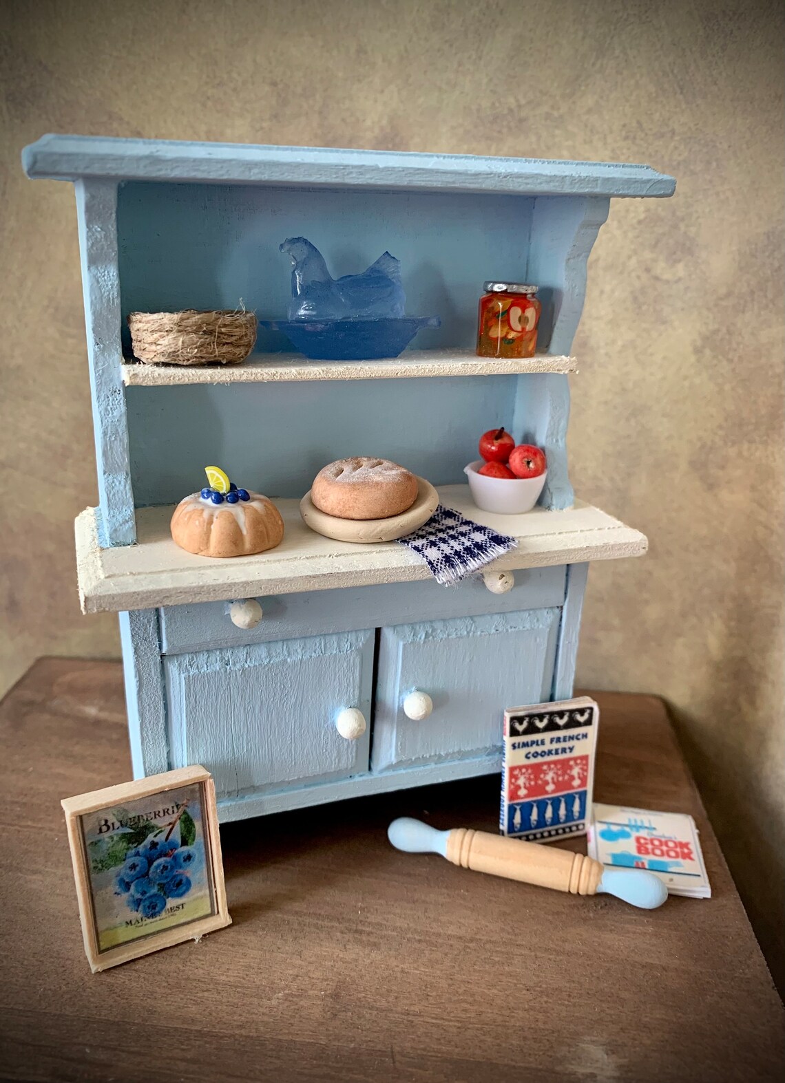 Miniature Country Blue Kitchen Hutch Cabinet Set Farmhouse Dollhouse ...