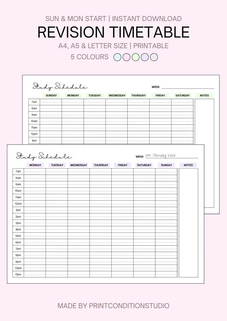 Revision Timetable Printable Study Schedule A4 A5 & - Etsy
