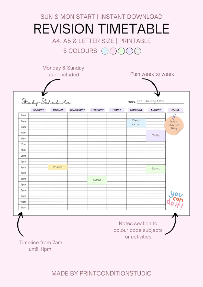 Revision Timetable Printable Study Schedule A4 A5 & - Etsy
