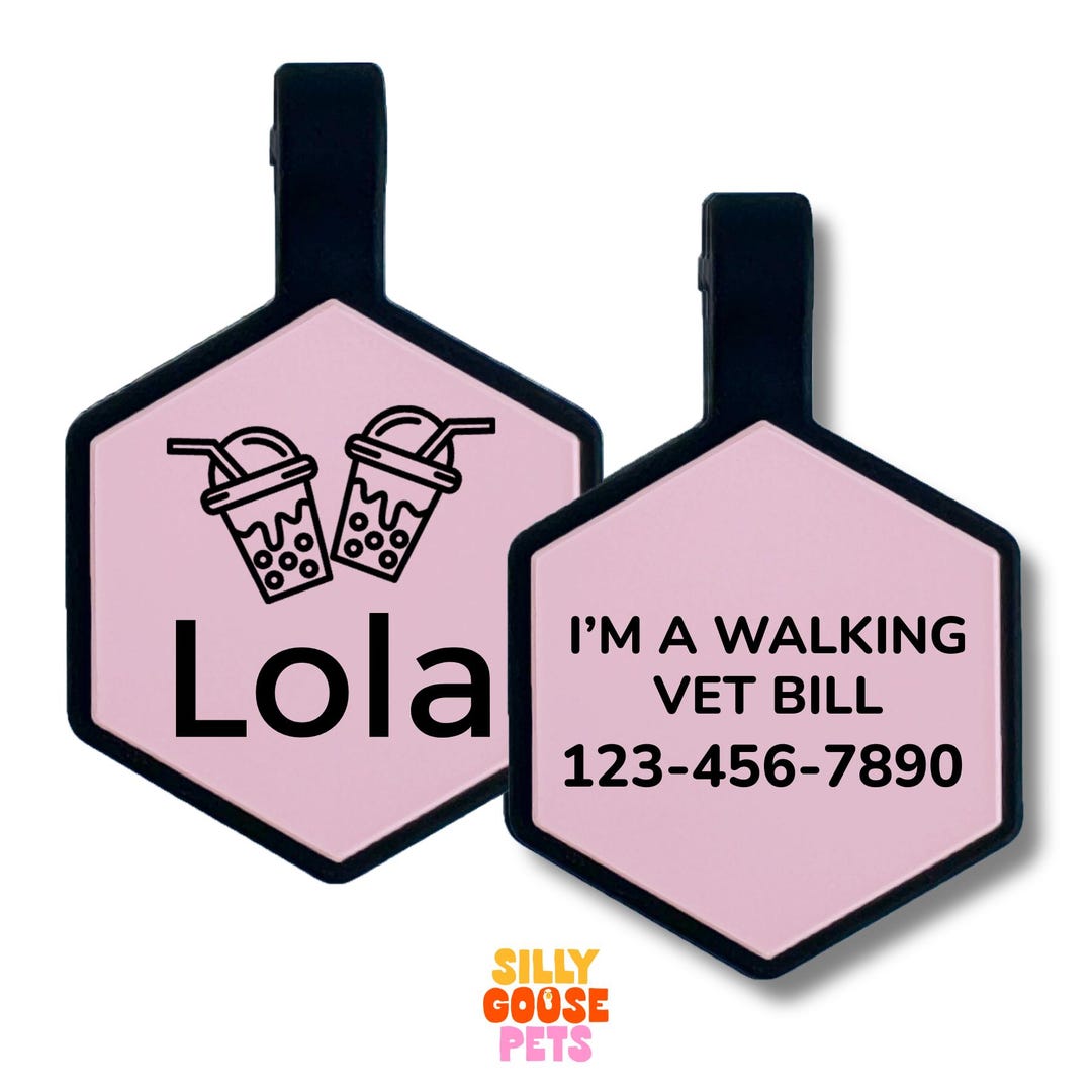 Boba Tea Silicone Pet ID Tag, Bubble Tea Dog Tag, Engraved Quiet Pet ...