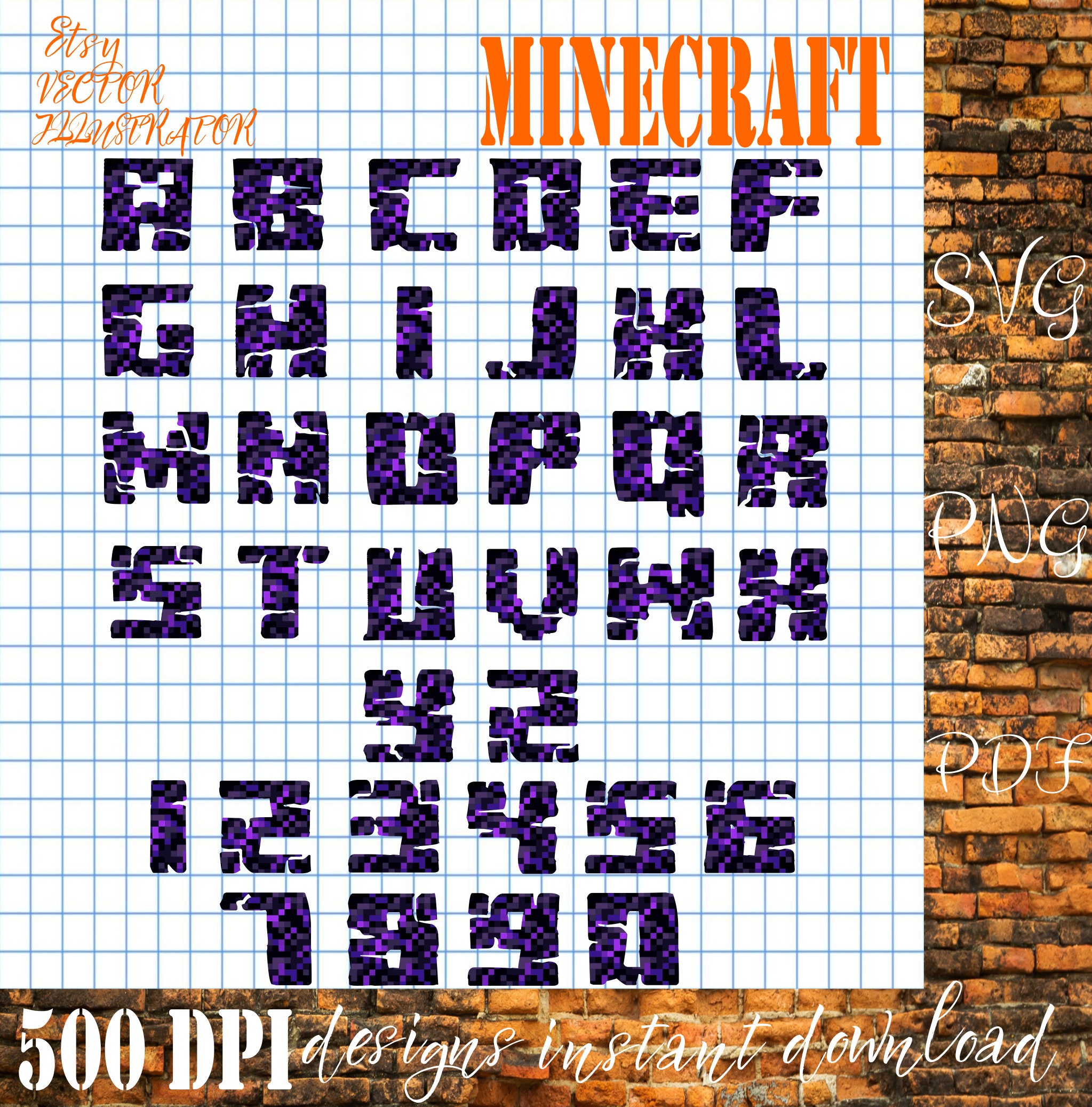 Minecraft Font Alphabet And Number Png Svg Files Only Cricut Svg Etsy